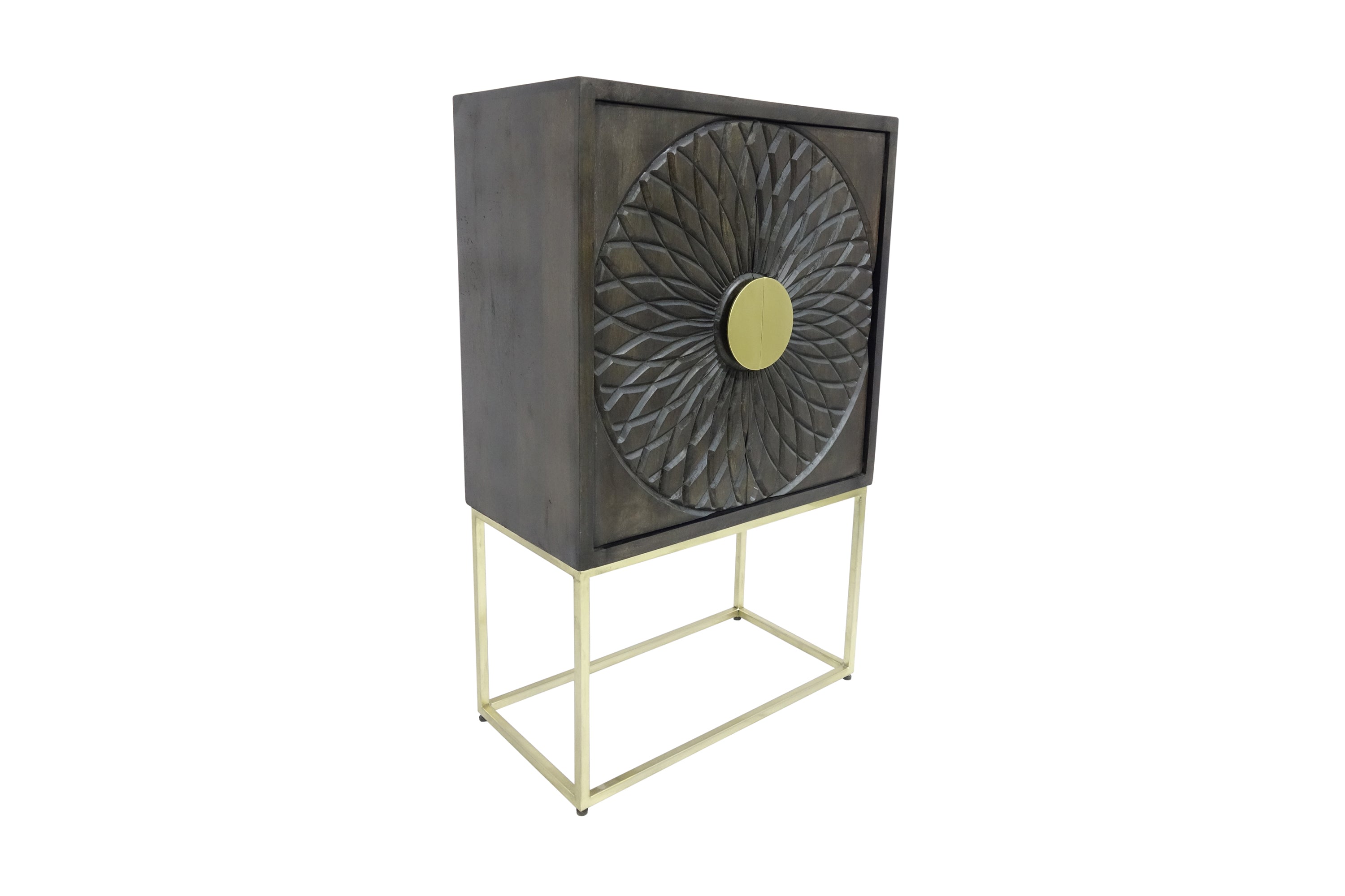 Cyra Handcrafted Mango Wood Cabinet - Retro-Modern Design with Gold Ac